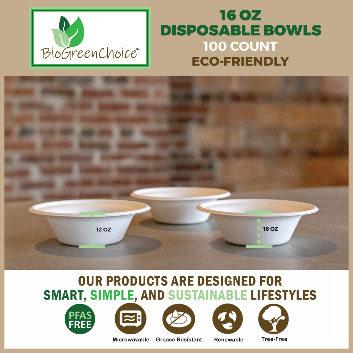 BioGreenChoice Eco-Friendly White 16 oz. PFAS-FREE Fiber/Bagasse Dispo